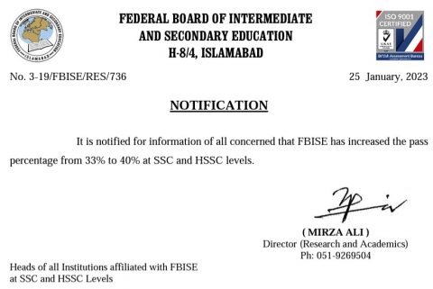 Federal Board increased the passing marks percentage for matric and inter